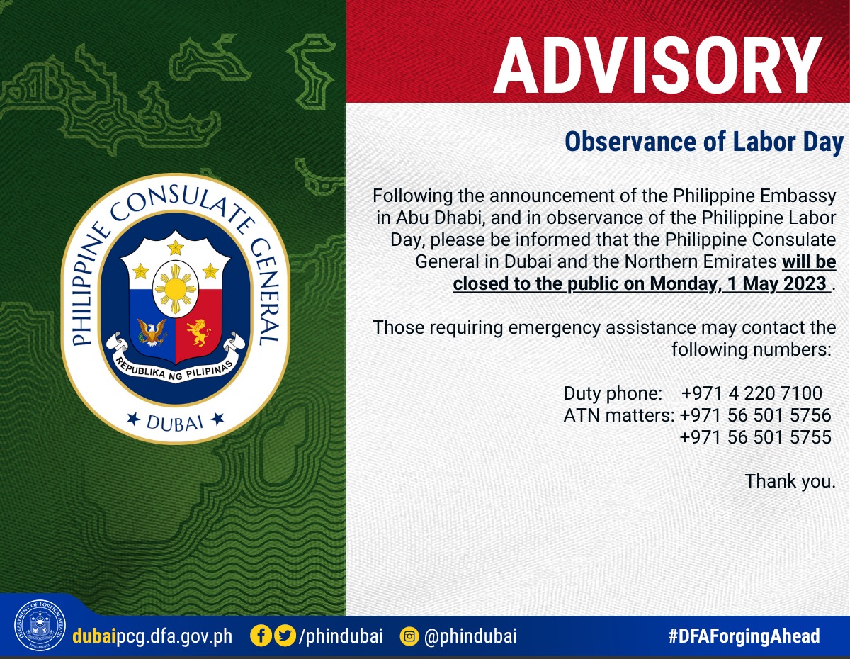 MWO-Dubai Advisory No. 16, Series of 2023: Observance of Labor Day ...