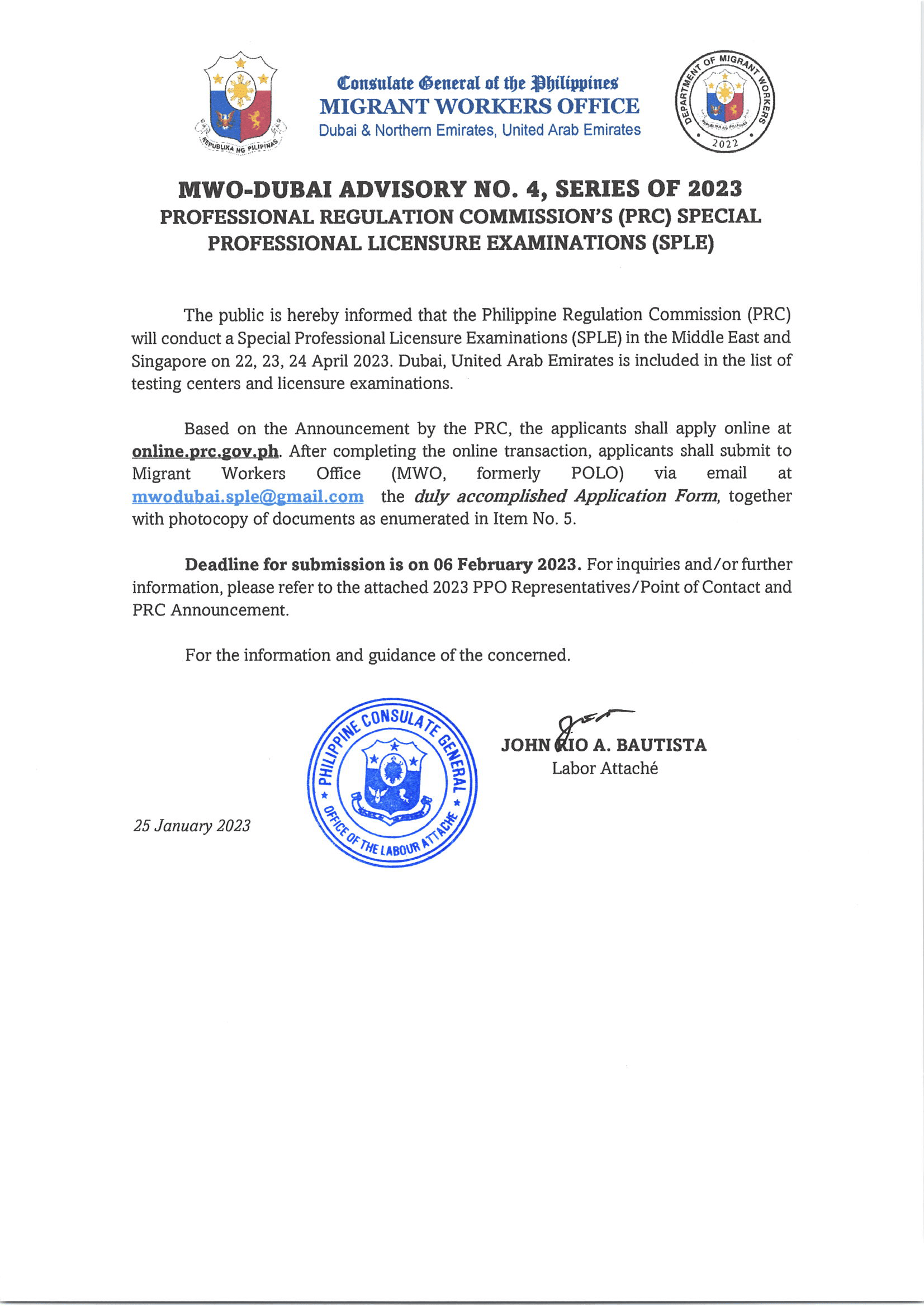 MWO-Dubai Advisory No. 4, Series of 2023: Professional Regulation Commission’s (PRC) Special ...