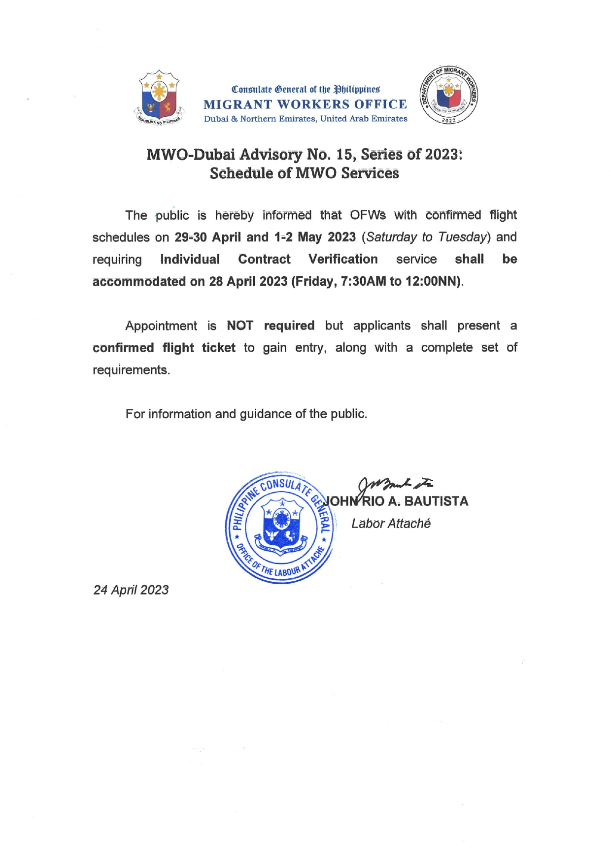MWO Dubai Advisory No. 15, Series of 2023: Schedule of MWO Services ...