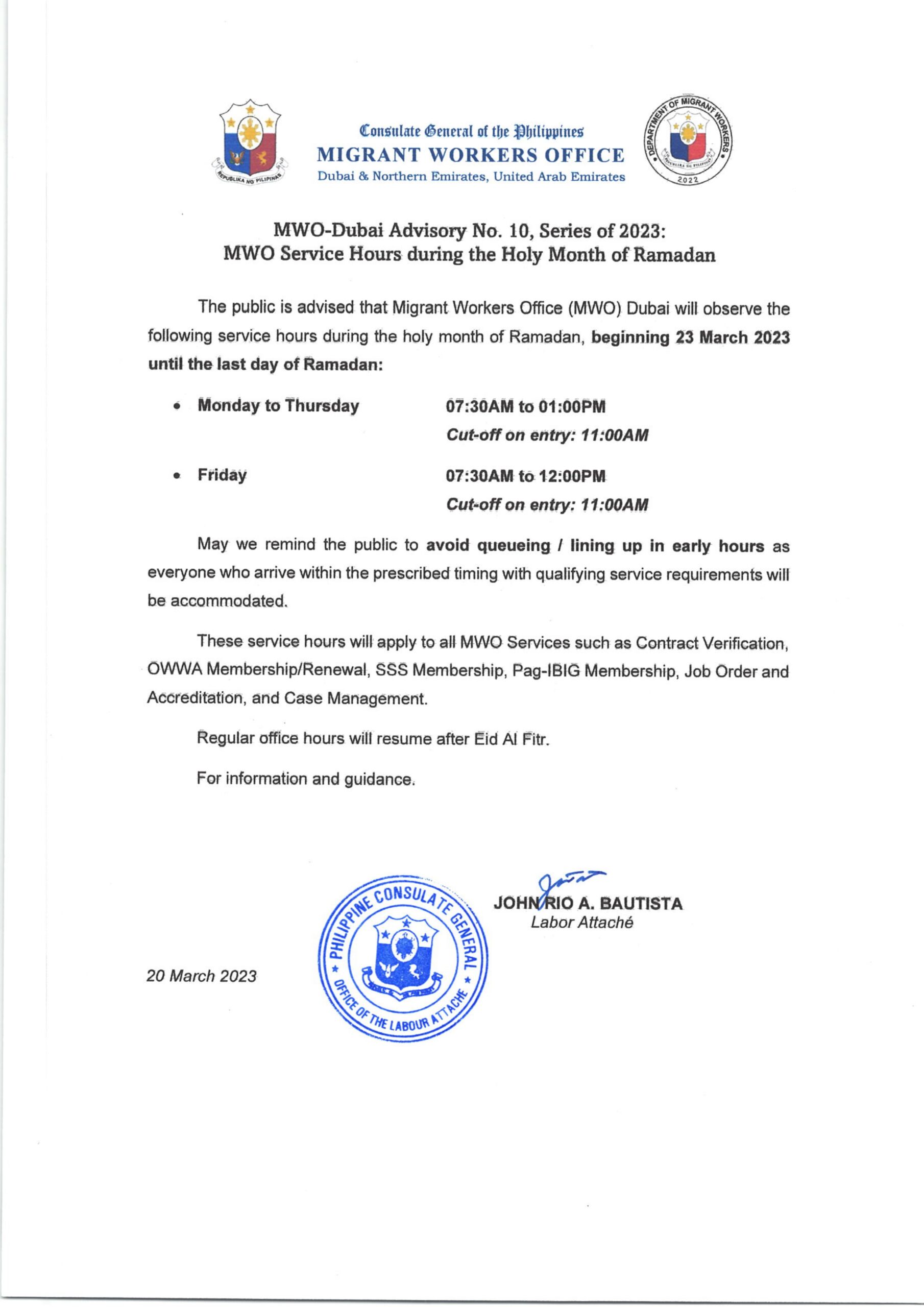 MWO-Dubai Advisory No. 10, Series of 2023: Service Hours during the ...