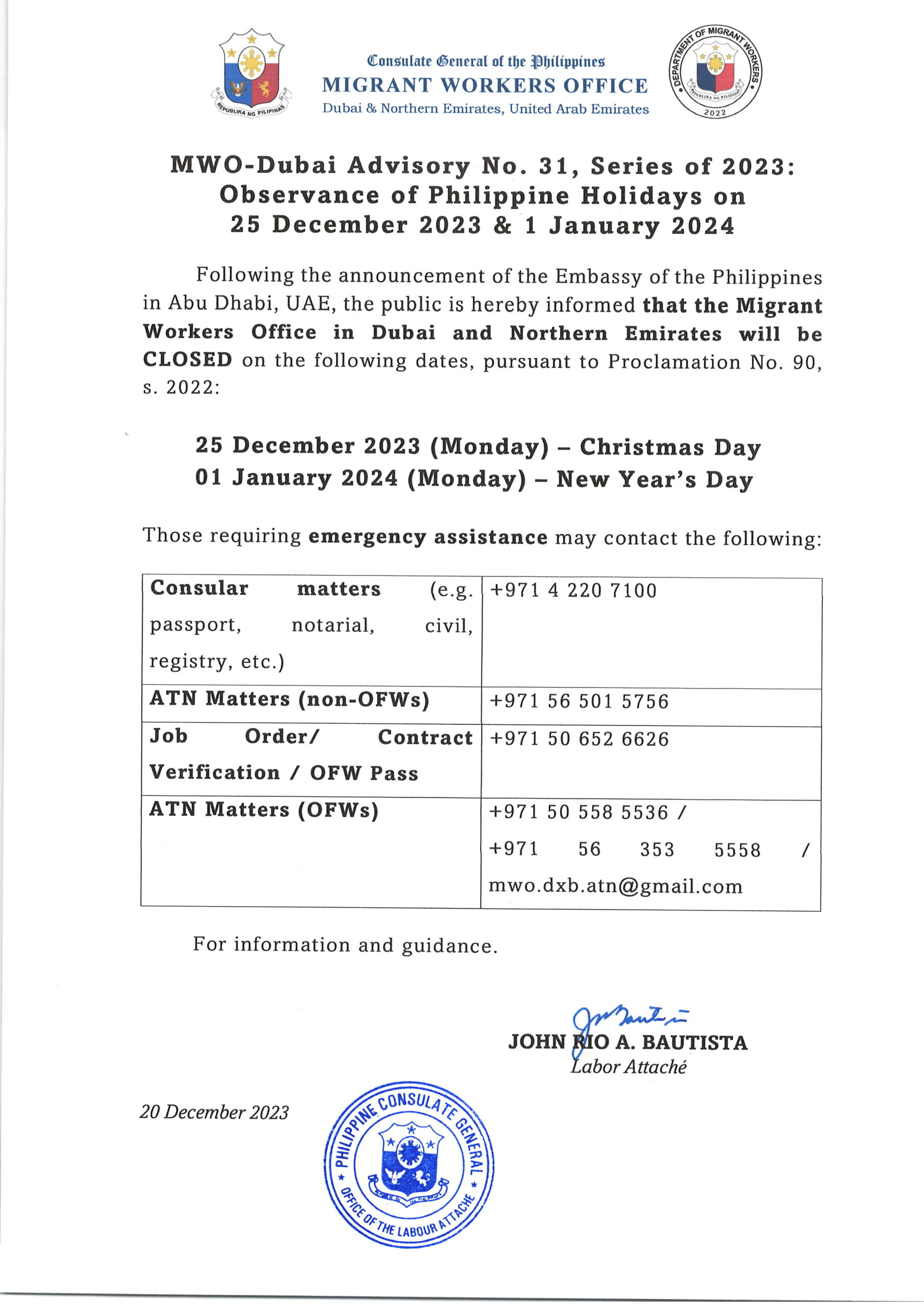 MWO Dubai Advisory No. 31, Series of 2023: Observance of Philippine ...