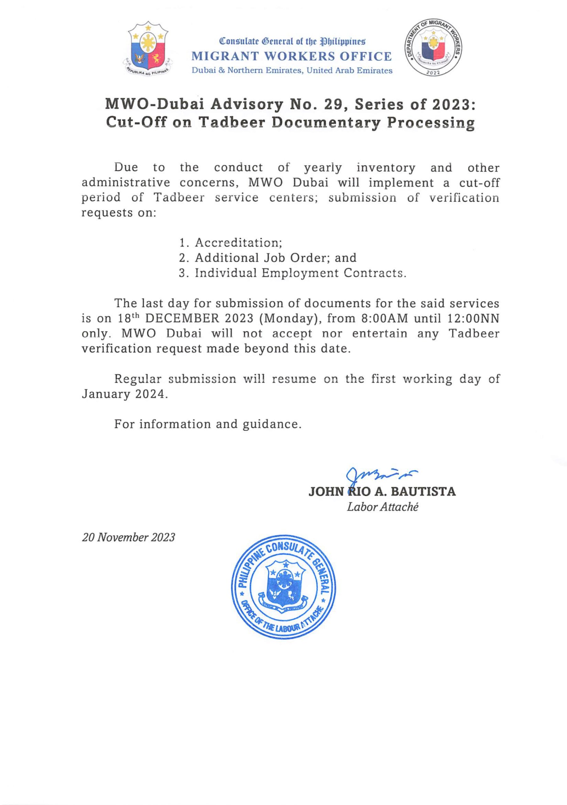 MWO Dubai Advisory No. 29, Series of 2023: Cut-Off on Tadbeer ...