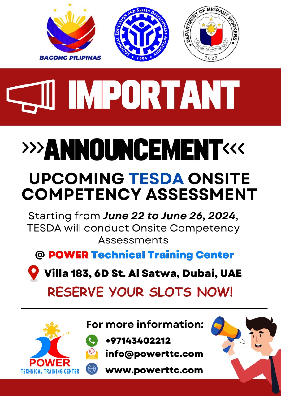 ANNOUNCEMENT: UPCOMING TESDA ONSITE COMPETENCY ASSESSMENT 2024 ...