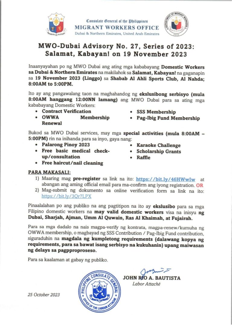 MWO Dubai Advisory No. 27, Series of 2023: Salamat, Kabayan! on 19 November 2023 – Migrant ...
