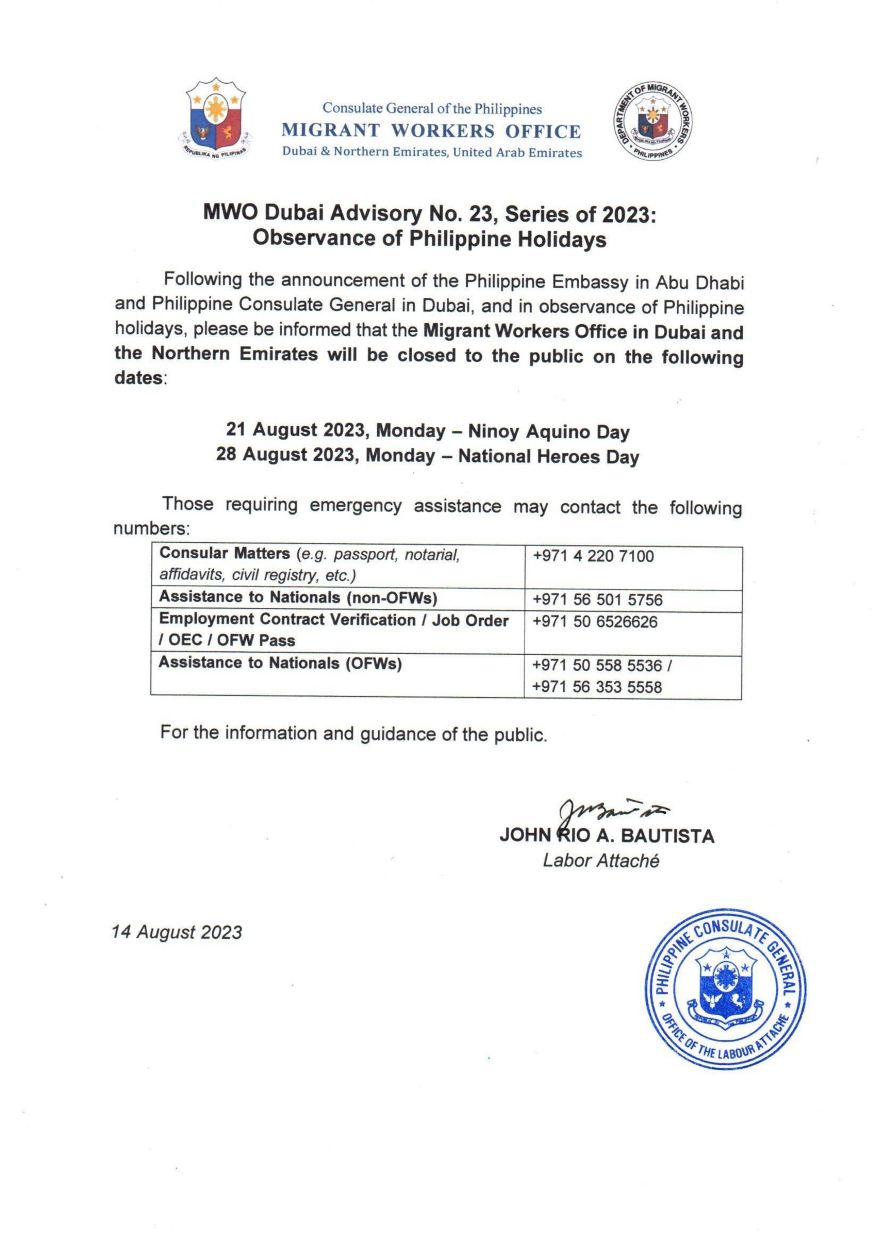 MWO Dubai Advisory No. 23, Series of 2023: Observance of Philippine ...