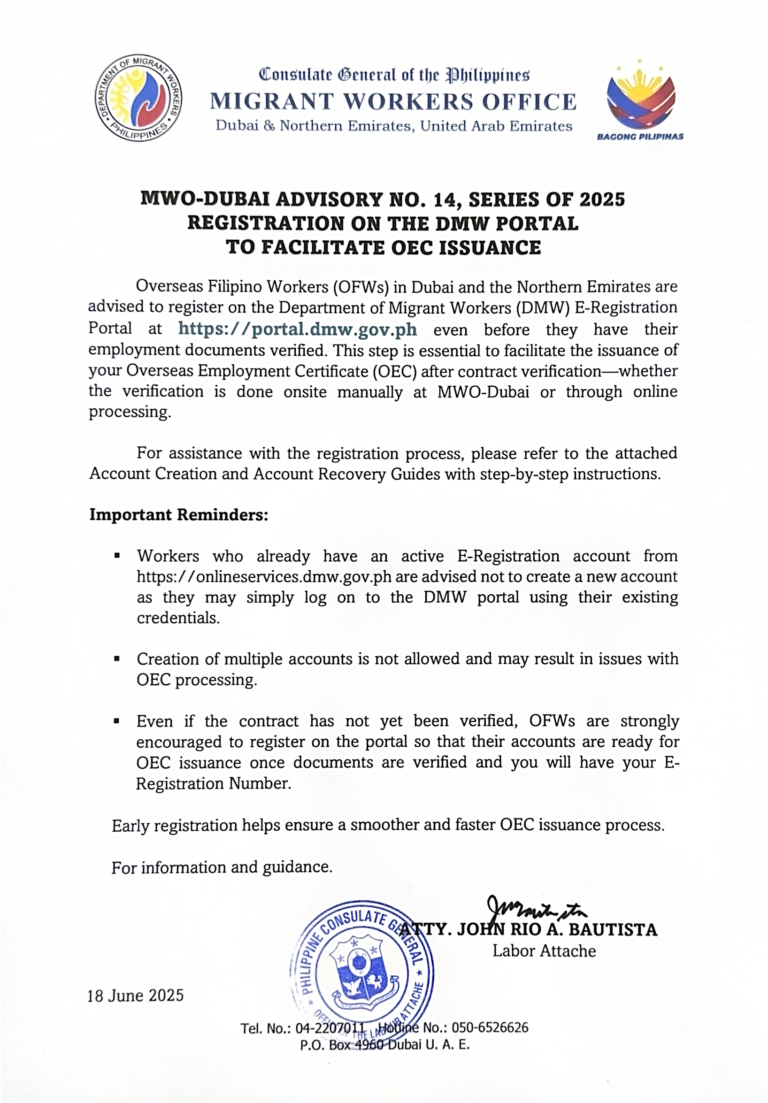 MWO-DUBAI ADVISORY NO. 14, SERIES OF 2025 REGISTRATION ON THE DMW ...