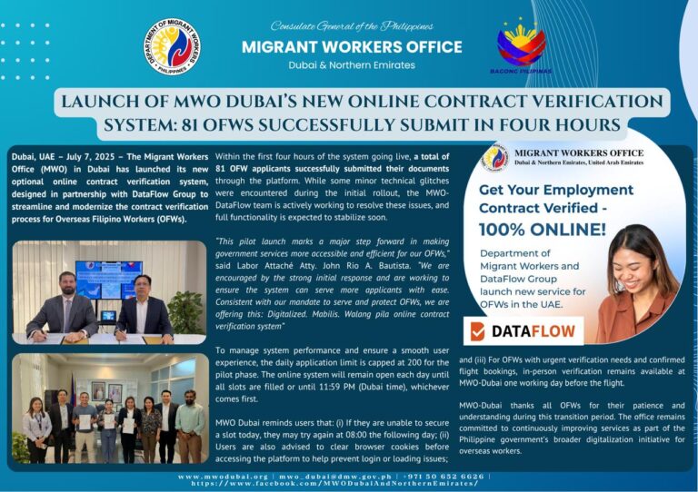 LAUNCH OF MWO DUBAI’S NEW ONLINE CONTRACT VERIFICATION SYSTEM: 81 OFWS ...