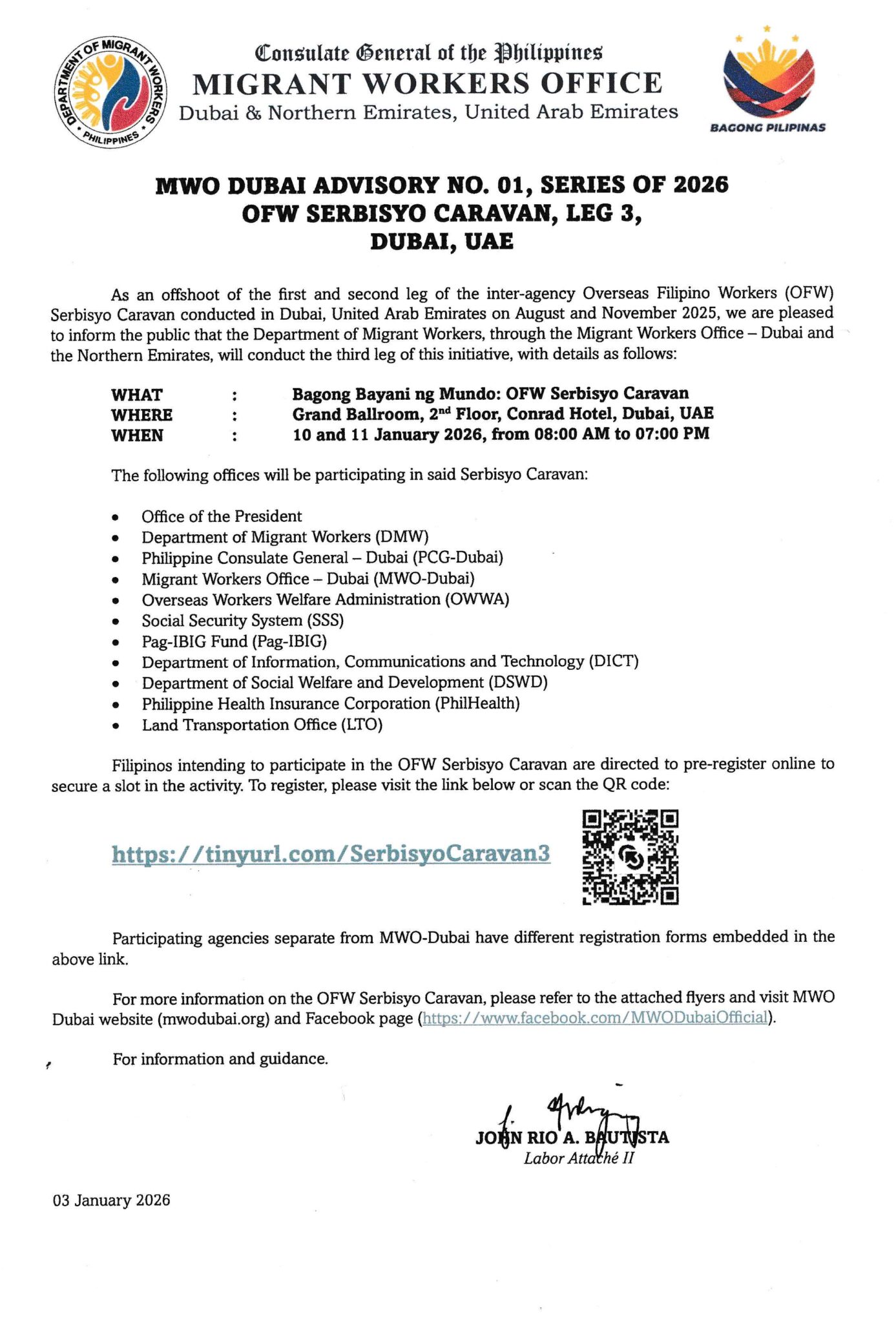 MWO DUBAI ADVISORY NO. 01, SERIES OF 2026, OFW SERBISYO CARAVAN, LEG 3 ...